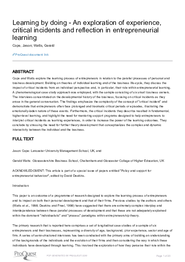 (PDF) Learning by doing -An exploration of experience, critical incidents and reflection in ...