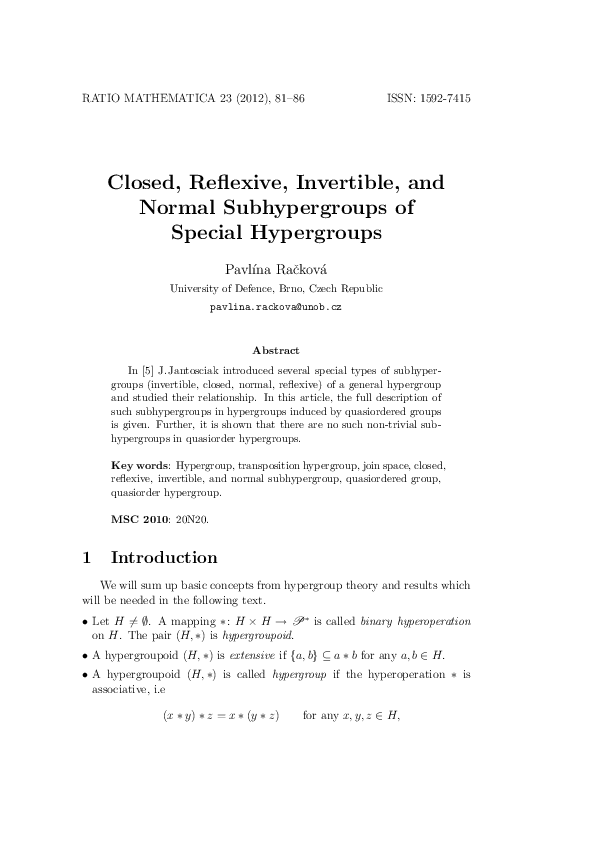 (PDF) Closed, Re exive, Invertible, and Normal Subhypergroups of Special Hypergroups