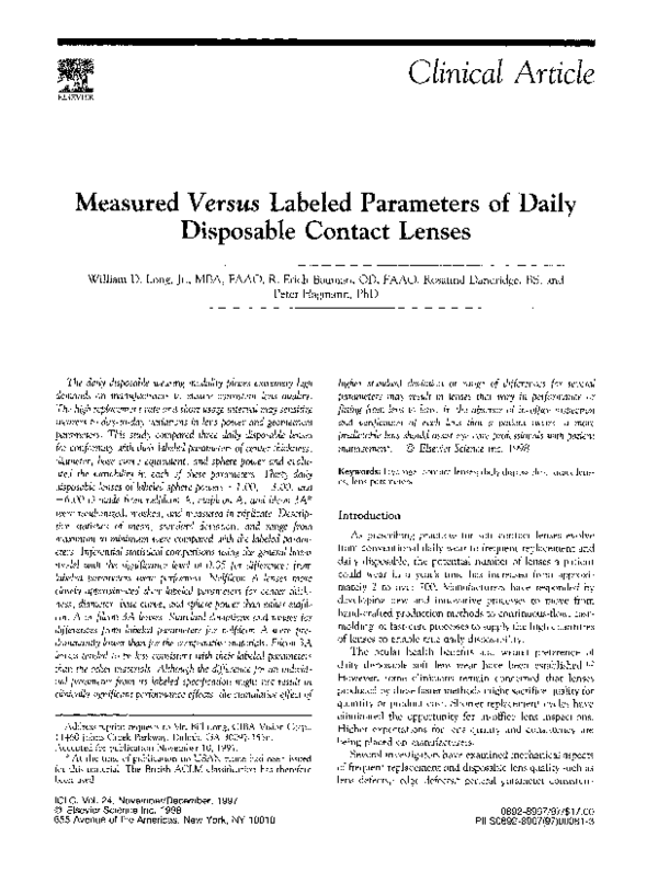 (PDF) Measured versus labeled parameters of daily disposable contact ...