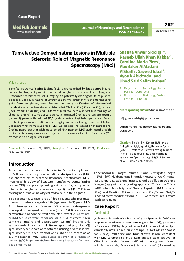 (PDF) Tumefactive Demyelinating Lesions in Multiple Sclerosis: Role of Magnetic Resonance ...