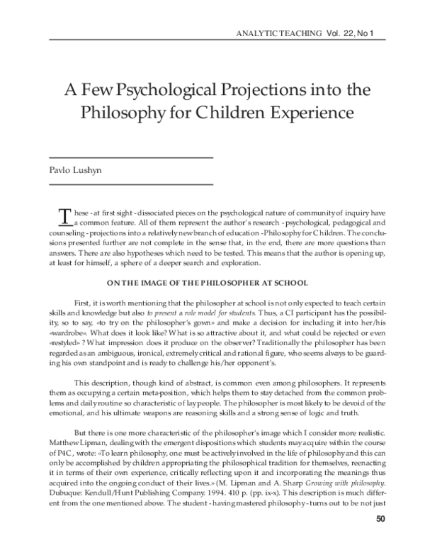 (PDF) A few psychological projections into the Philosophy for Children
