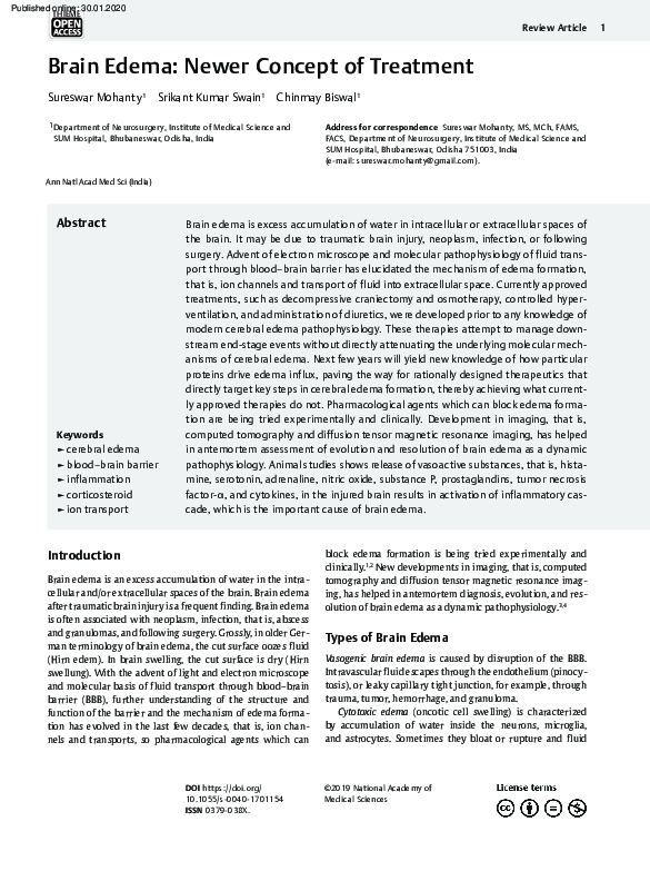 (PDF) Brain Edema: Newer Concept of Treatment