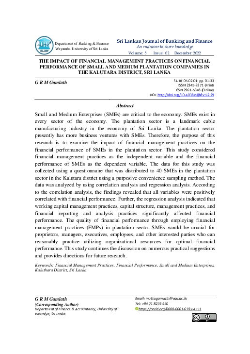 (PDF) The Impact of Financial Management Practices on Financial Performance of Small and Medium ...