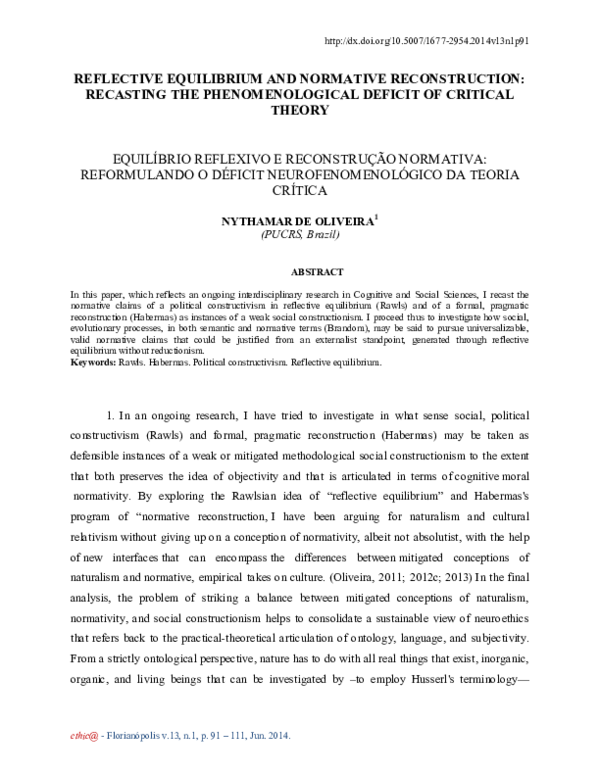 (PDF) Recasting Critical Theory: Reflective Equilibrium & Normative Claims