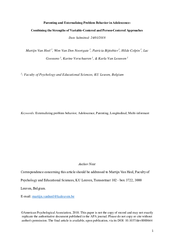 (PDF) Parenting and externalizing problem behavior in adolescence: Combining the strengths of ...