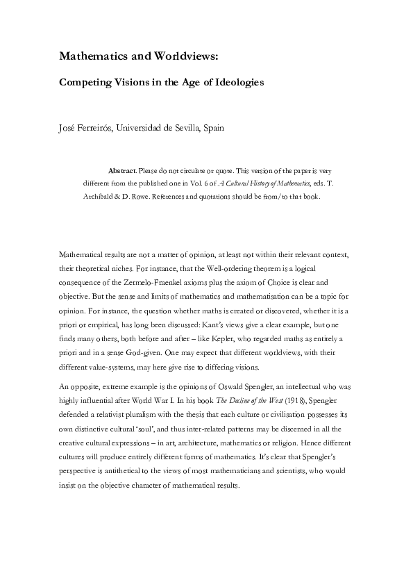 (PDF) Mathematics and Worldviews: Competing Visions in the Age of ...