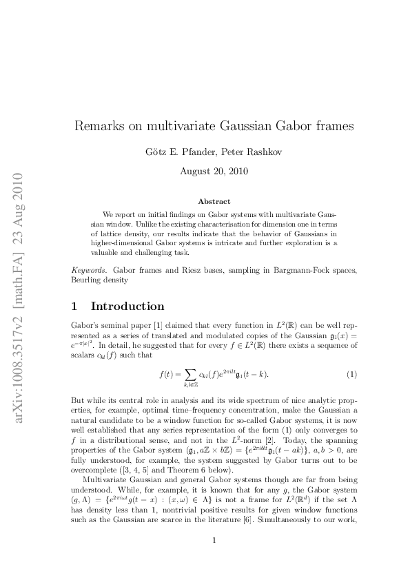 (PDF) Remarks on multivariate Gaussian Gabor frames
