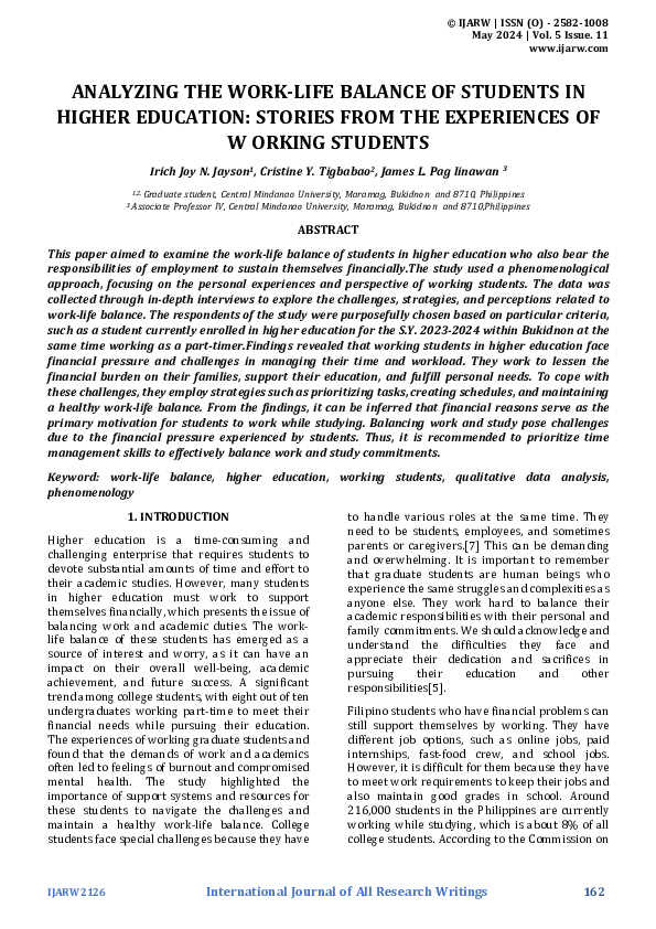 (PDF) ANALYZING THE WORK-LIFE BALANCE OF STUDENTS IN HIGHER EDUCATION ...