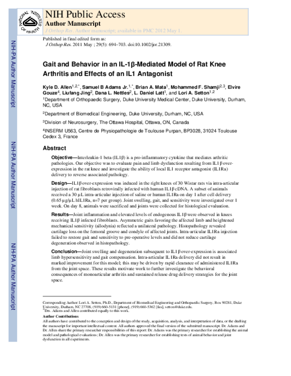 (PDF) Gait and behavior in an IL1β-mediated model of rat knee arthritis ...
