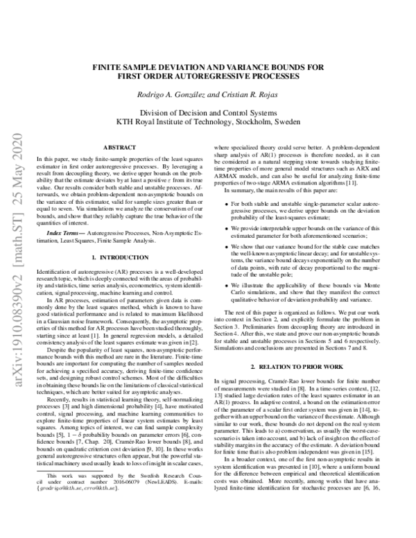 (PDF) Finite Sample Deviation and Variance Bounds for First Order Autoregressive Processes