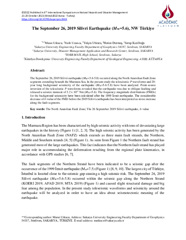 (PDF) The September 26, 2019 Silivri Earthquake (MW=5.6), NW Türkiye