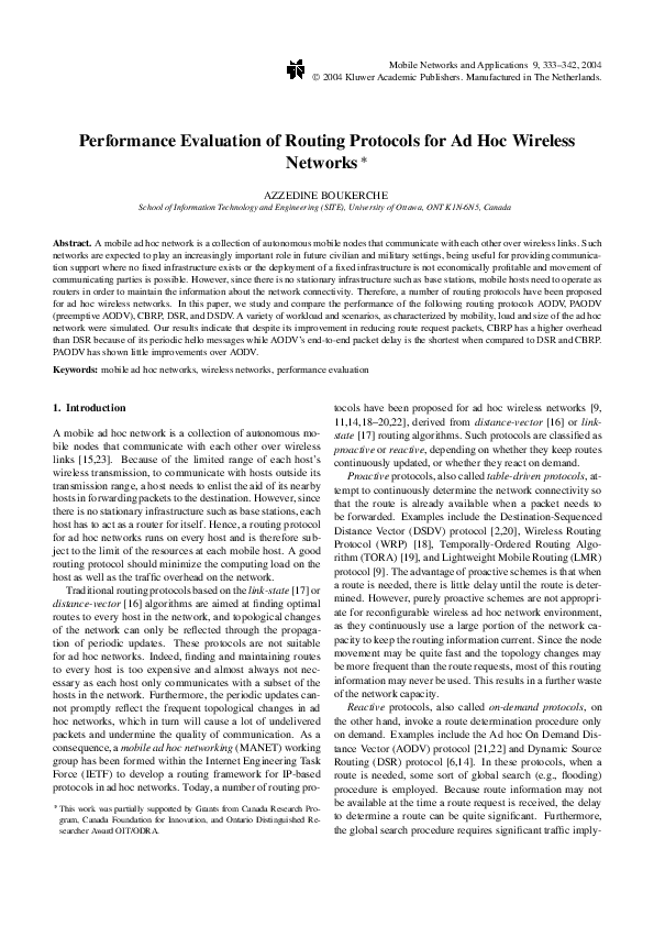 (PDF) Performance Evaluation of Routing Protocols for Ad Hoc Wireless Networks