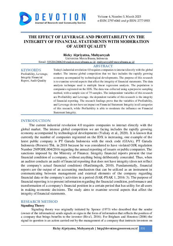 (PDF) The Effect of Leverage and Profitability on the Integrity of Financial Statements with ...