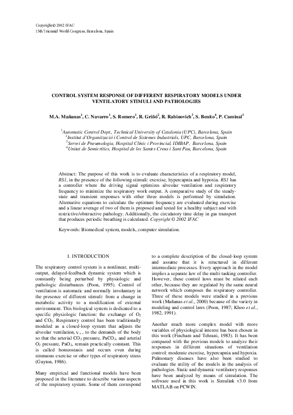 (PDF) Control System Response of Different Respiratory Models Under Ventilatory Stimuli and ...