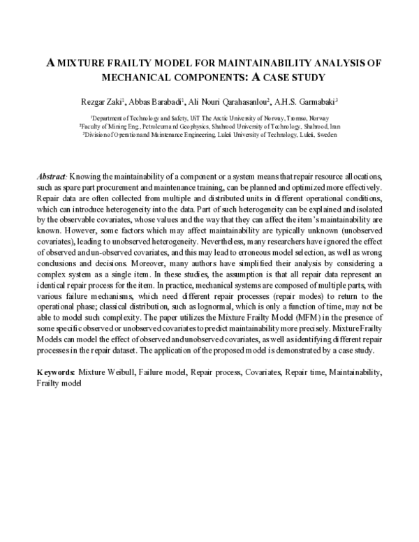 (PDF) A mixture frailty model for maintainability analysis of mechanical components: a case study