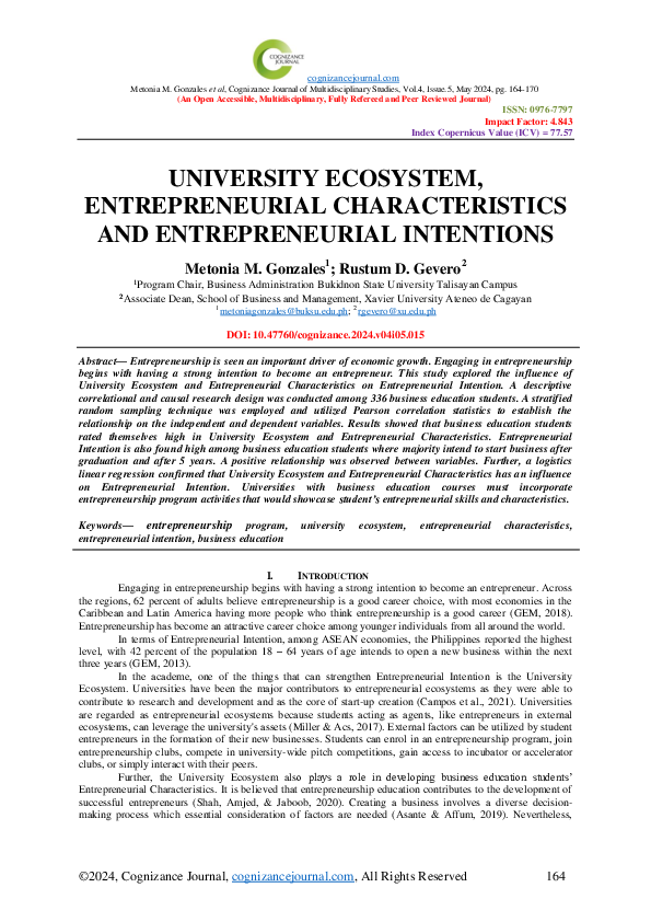 (PDF) UNIVERSITY ECOSYSTEM, ENTREPRENEURIAL CHARACTERISTICS AND ...