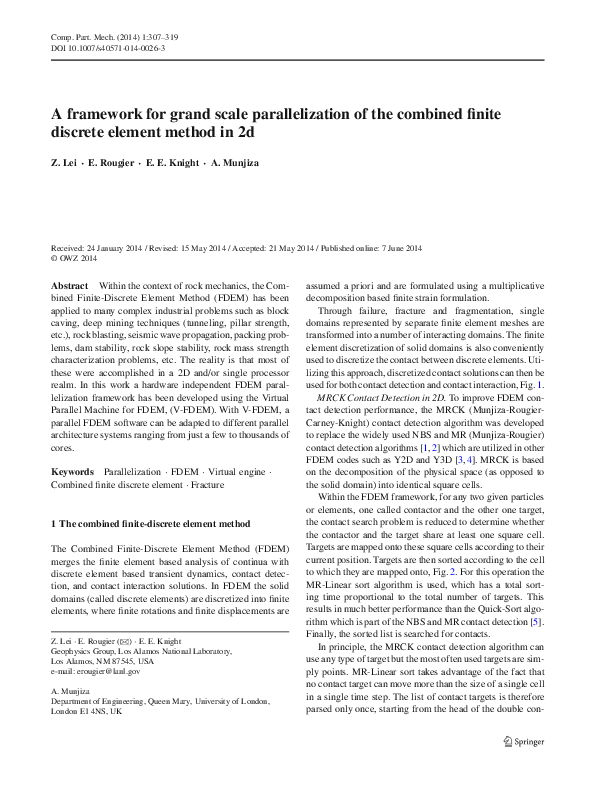 Pdf A Framework For Grand Scale Parallelization Of The Combined Finite Discrete Element Method