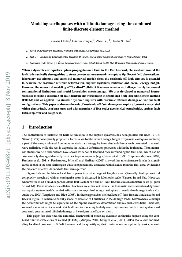 (PDF) Modeling earthquakes with off-fault damage using the combined finite-discrete element method
