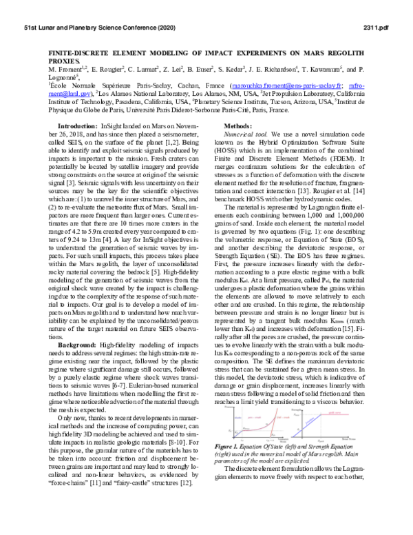 Pdf Finite Discrete Element Modeling Of Impact Experiments On Mars Regolith Proxies