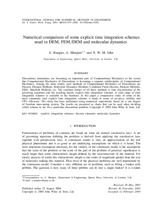 (PDF) Numerical comparison of some explicit time integration schemes used in DEM, FEM/DEM and ...