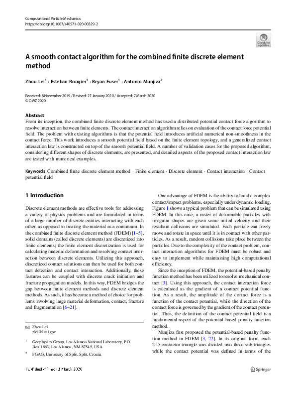 Pdf A Smooth Contact Algorithm For The Combined Finite Discrete