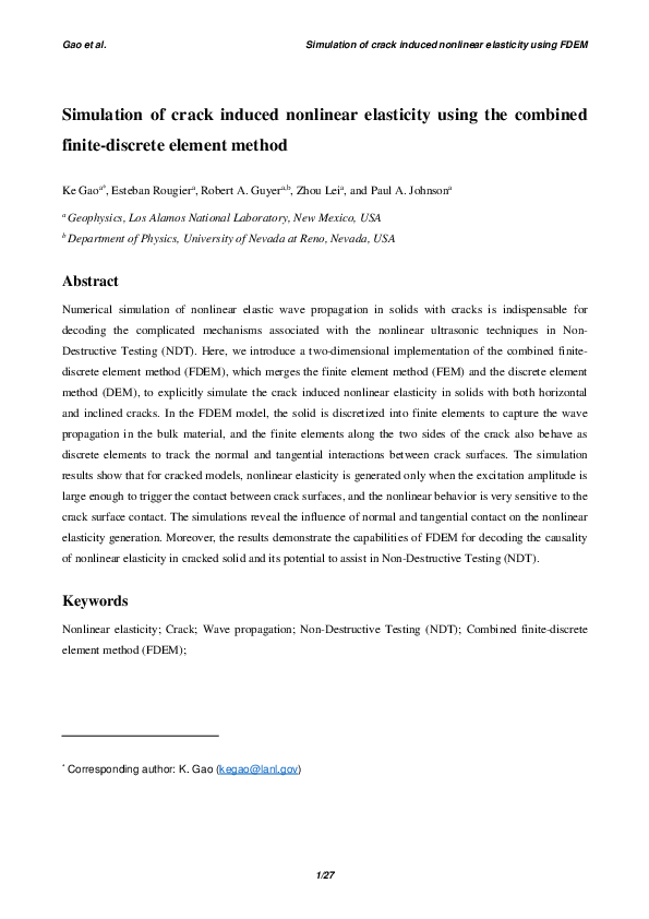 Pdf Simulation Of Crack Induced Nonlinear Elasticity Using The