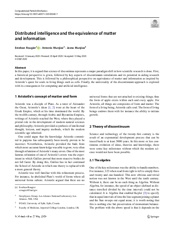 (PDF) Distributed intelligence and the equivalence of matter and ...