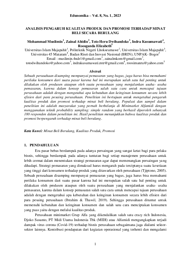 (PDF) ANALISIS PENGARUH KUALITAS PRODUK DAN PROMOSI TERHADAP MINAT BELI SECARA BERULANG