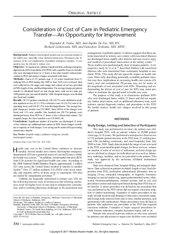(PDF) Consideration of Cost of Care in Pediatric Emergency Transfer—An ...