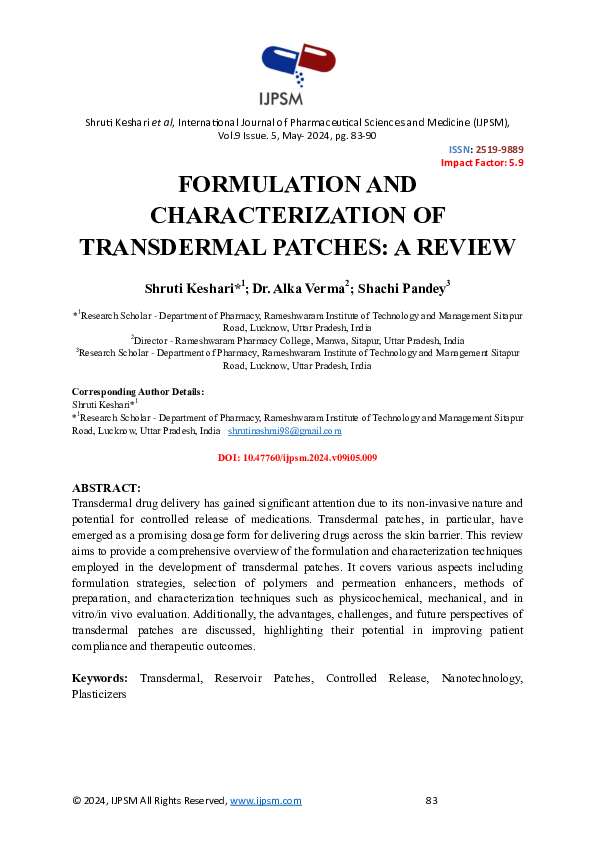 (PDF) FORMULATION AND CHARACTERIZATION OF TRANSDERMAL PATCHES: A REVIEW