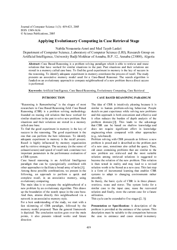(PDF) Applying Evolutionary Computing in Case Retrieval Stage