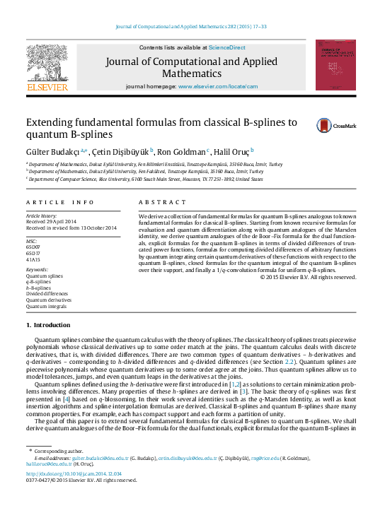 (PDF) Extending fundamental formulas from classical B-splines to quantum B-splines