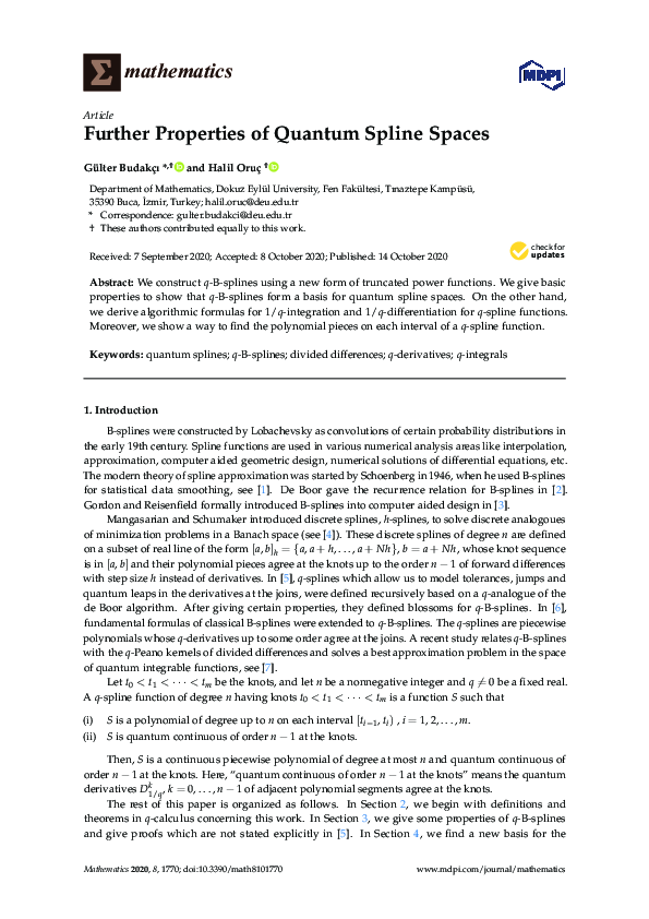 (PDF) Further Properties of Quantum Spline Spaces | Halil Oruc - Academia.edu