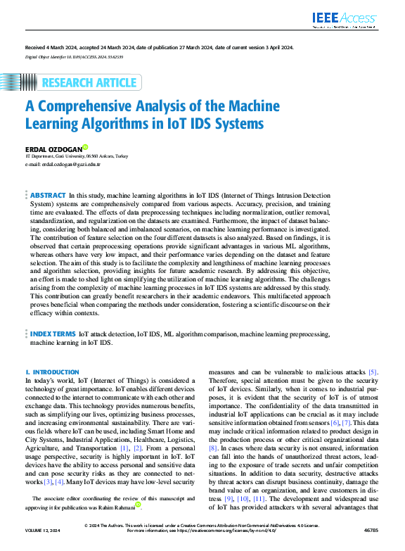 (PDF) Comparative Study of ML Algorithms in IoT IDS Systems