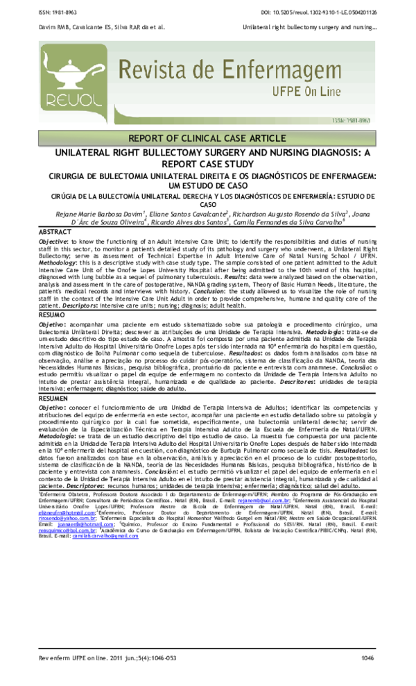 (PDF) Unilateral right bullectomy surgery and nursing diagnosis: a ...