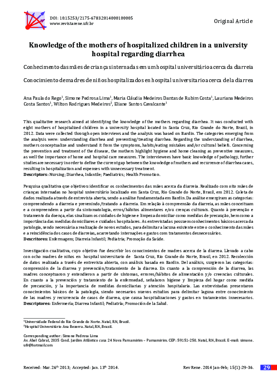 (PDF) Knowledge of the mothers of hospitalized children in a university hospital regarding diarrhea