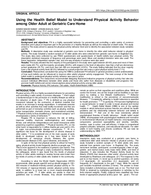(PDF) Using the Health Belief Model to Understand Physical Activity Behavior among Older Adult ...