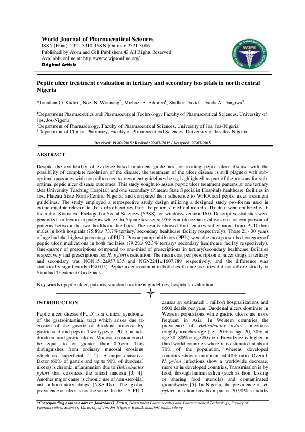 (PDF) Peptic ulcer treatment evaluation in tertiary and secondary ...