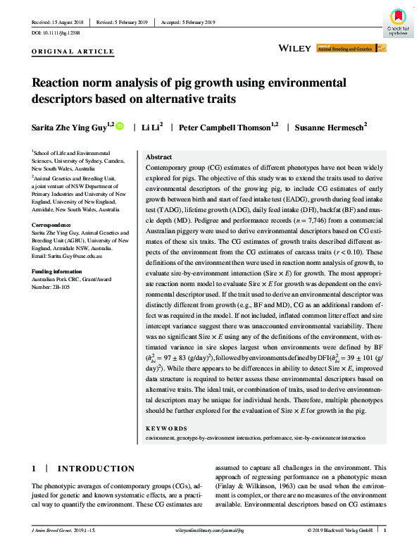 (PDF) Reaction norm analysis of pig growth using environmental descriptors based on alternative ...