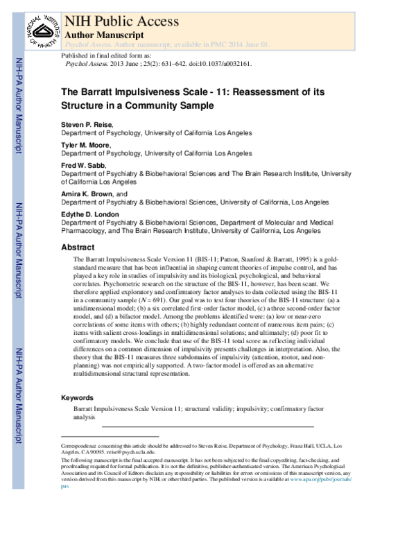 (PDF) The Barratt Impulsiveness Scale–11: Reassessment of its structure ...