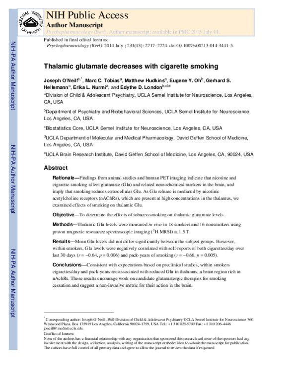 (PDF) Thalamic glutamate decreases with cigarette smoking | Edythe ...