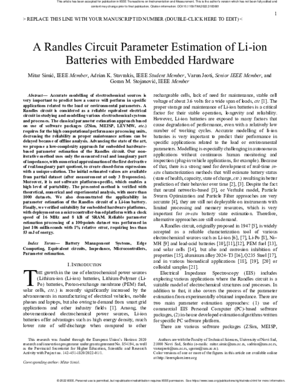 (PDF) A Randles Circuit Parameter Estimation of Li-Ion Batteries With Embedded Hardware
