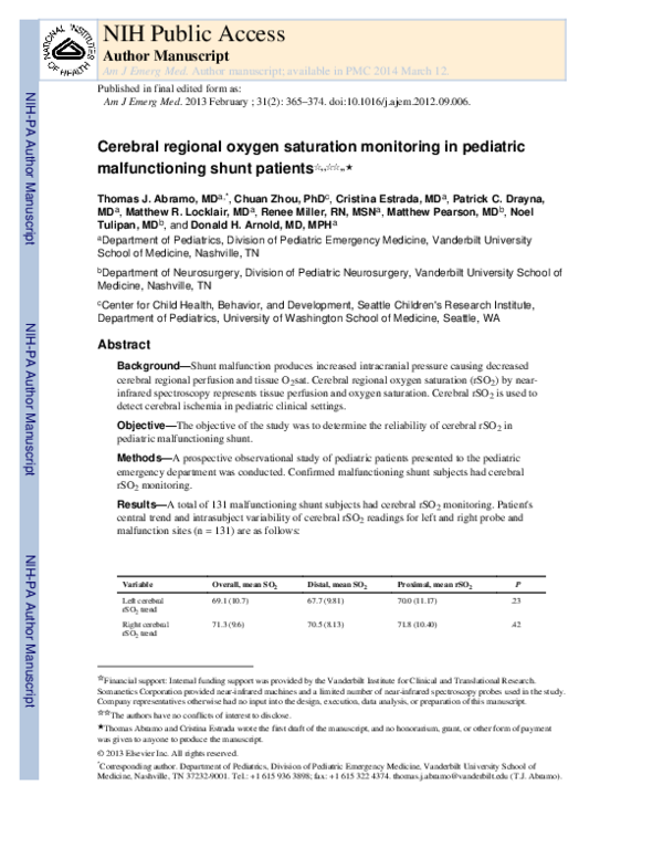 (PDF) Cerebral regional oxygen saturation monitoring in pediatric ...