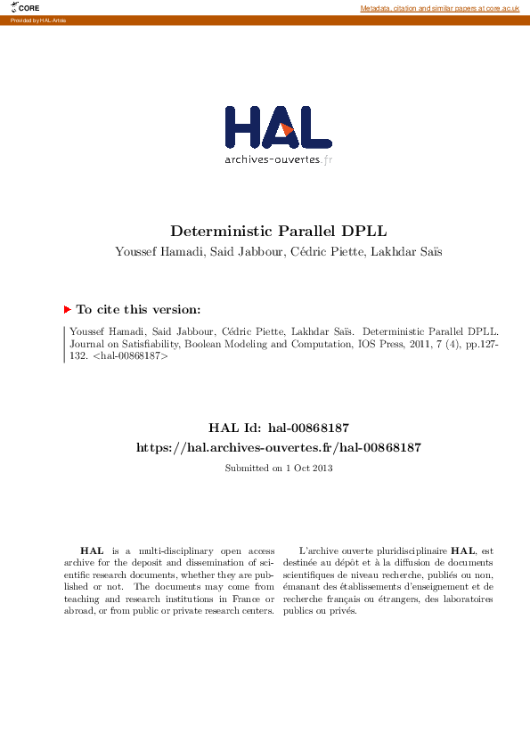 (PDF) Deterministic Parallel DPLL system description | Lakhdar Sais - Academia.edu