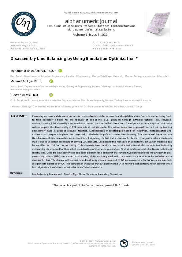 (PDF) Disassembly Line Balancing by Using Simulation Optimization