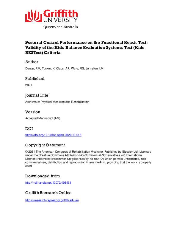 (PDF) Postural Control Performance on the Functional Reach Test ...