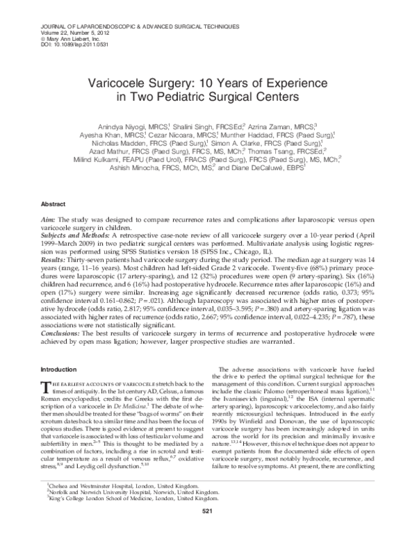 (PDF) Varicocele Surgery: 10 Years of Experience in Two Pediatric ...