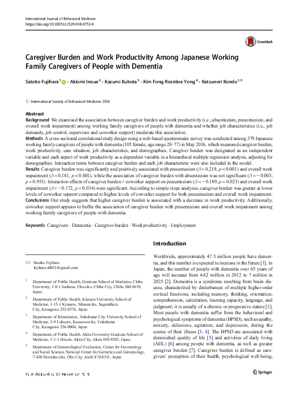 (PDF) Caregiver Burden and Work Productivity Among Japanese Working ...