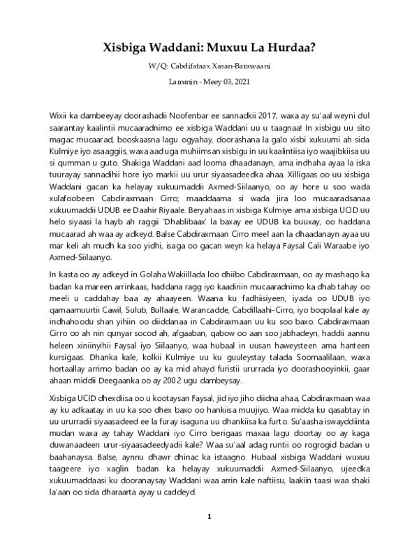 (PDF) Xisbiga Waddani: Muxuu La Hurdaa?