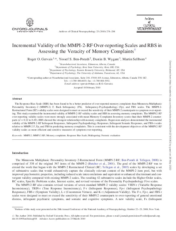 (PDF) Incremental Validity of the MMPI-2-RF Over-reporting Scales and RBS in Assessing the ...